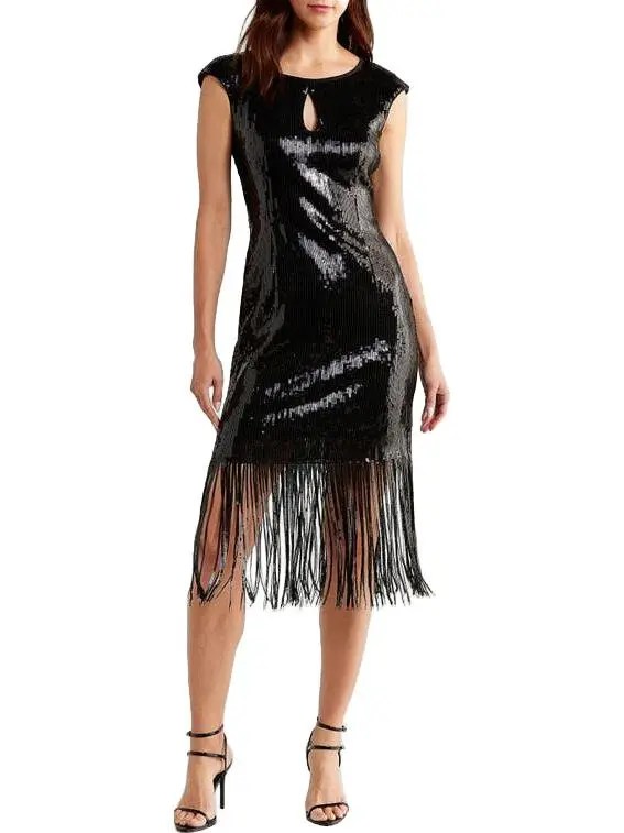 CONNECTED APPAREL Kyhle Sequin Fringe Hem Cocktail Dress - Black