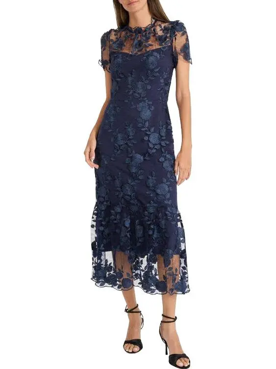 Maggy London Embroidered Floral Overlay Cocktail Dress - Twilight Navy