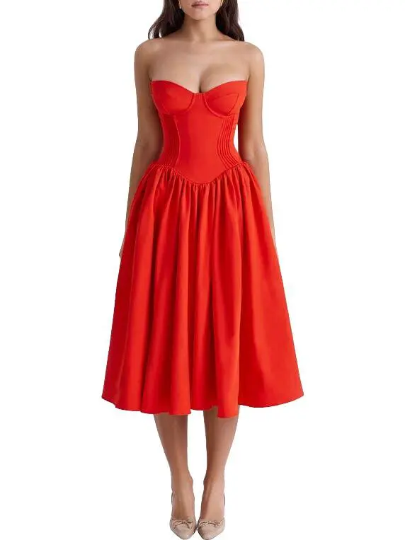 House Of Cb Elizabeth Strapless Corset Fit & Flare Midi Dress - Flame Scarlet