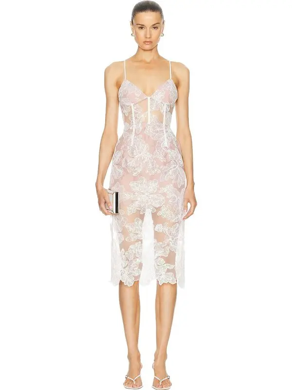FLEUR DU MAL Sequin Floral Embroidered Midi Dress - Ivory