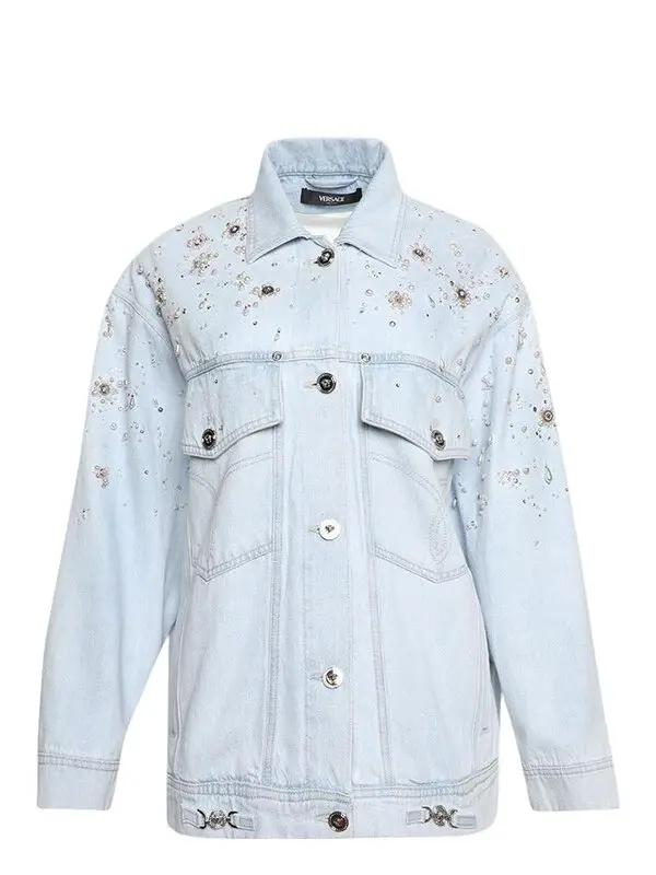 Versace Embellished Oversized Denim Jacket - Blue