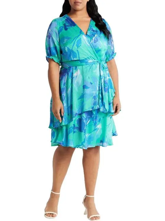 TAHARI ASL Floral Stripe Satin Dress - Multi Blue