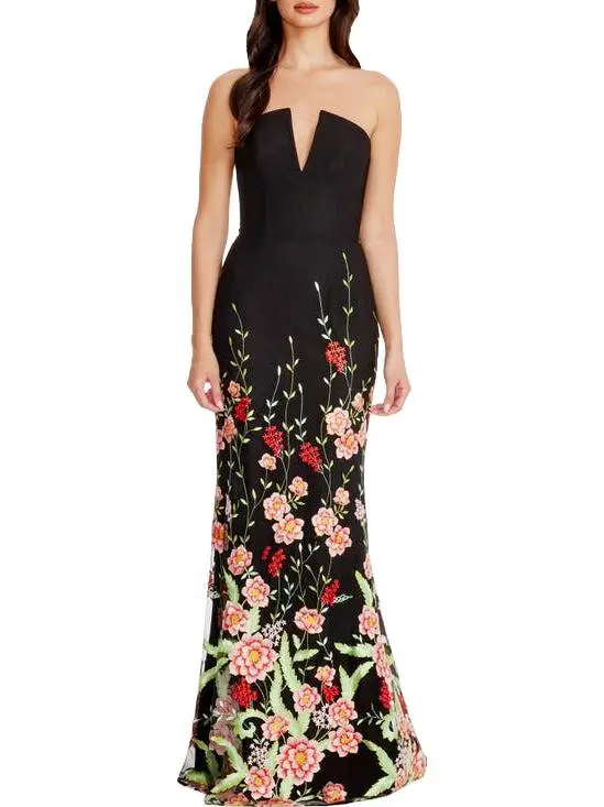 Dress The Population Fernanda Embroidered Floral Gown - Bright Rose Multi