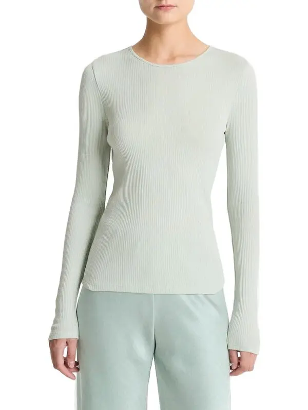 Vince Rib Pima Cotton Long Sleeve Crewneck T-shirt - Lt Aloe Stone