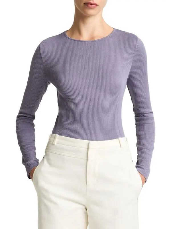 Vince Rib Pima Cotton Long Sleeve Crewneck T-shirt - Mauve Iris