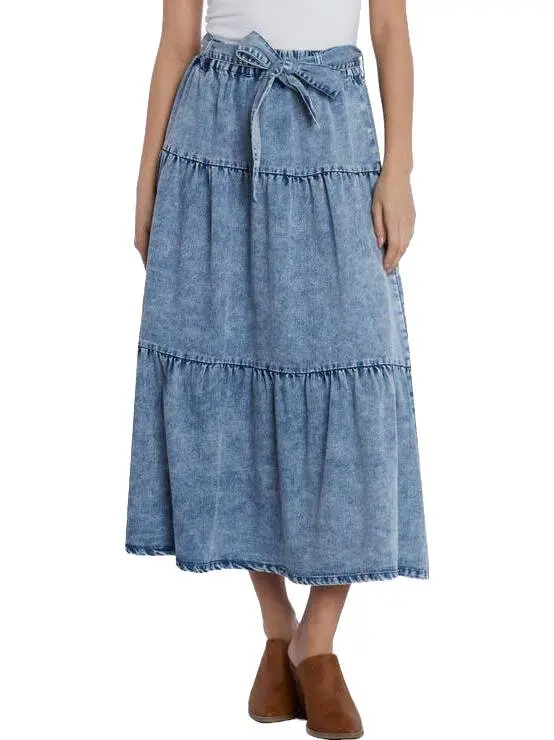 WASH LAB DENIM Tiered Maxi Skirt With Tie Belt - Clear Blue