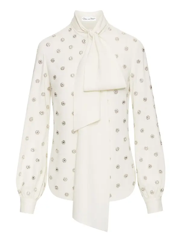 Oscar De La Renta Crystal-embellished Tie-neck Blouse - White