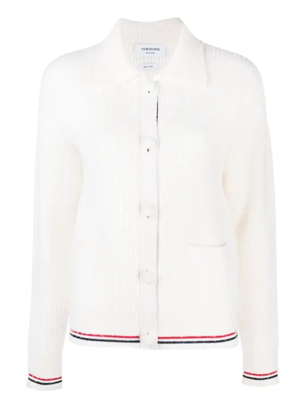 Thom Browne Rwb Stripe-detailing Waffle-knit Cardigan - White