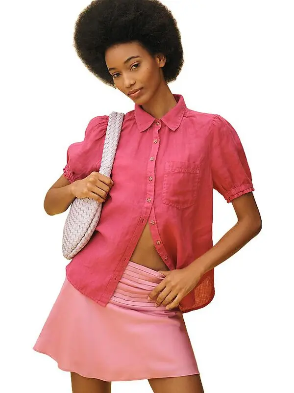 PILCRO Linen Puff-sleeve Blouse - Pink
