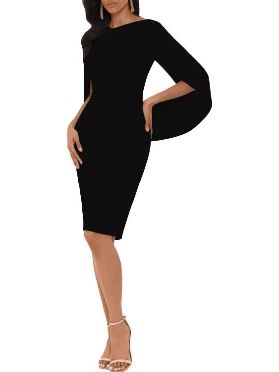 Betsy & Adam Cape Sleeve Crepe Sheath Cocktail Dress - Black