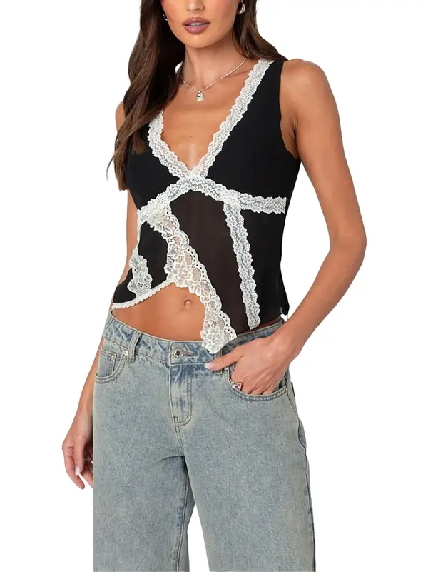 EDIKTED Chiffon & Lace Asymmetric Top - Black And White