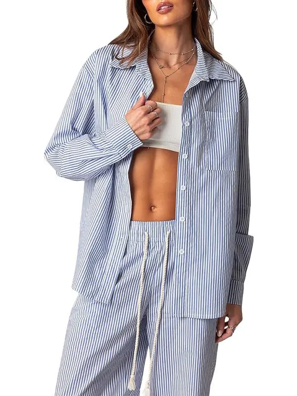 EDIKTED Oversized Pinstripe Button-up Shirt - Blue