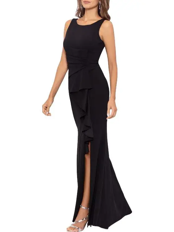 Betsy & Adam Ruffle Slit Gown - Black