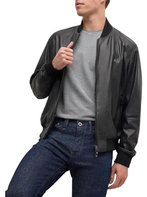 Emporio Armani Leather Bomber Jacket - Black