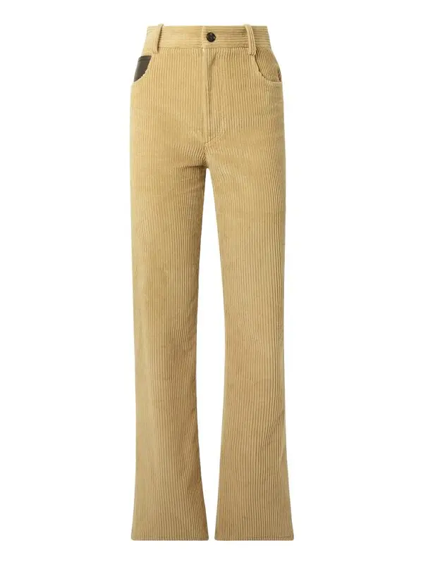 Bottega Veneta Leather-trimmed Cotton-corduroy Straight-leg Trousers - Ecru