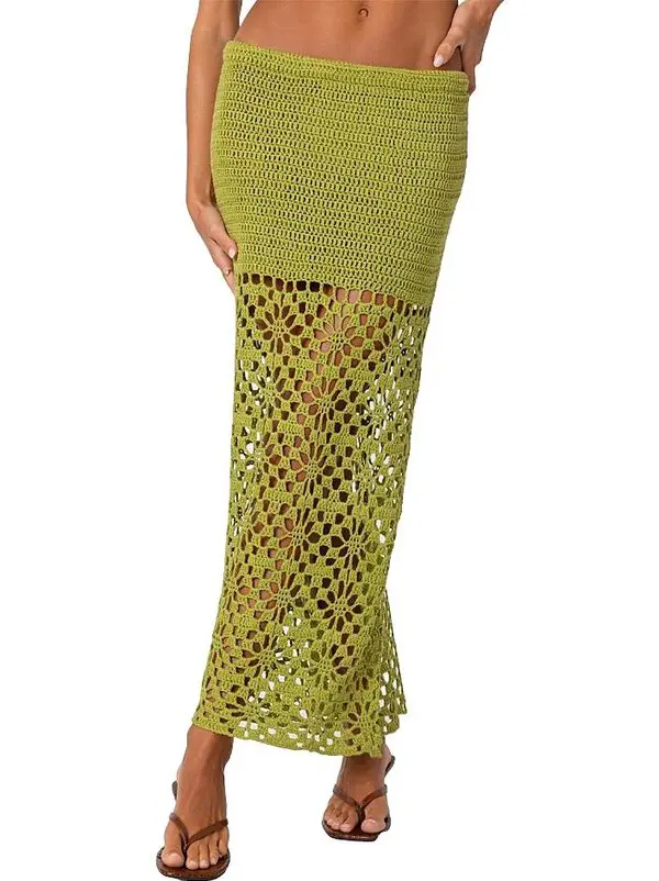 EDIKTED Ida Crochet Maxi Skirt With Slit - Green