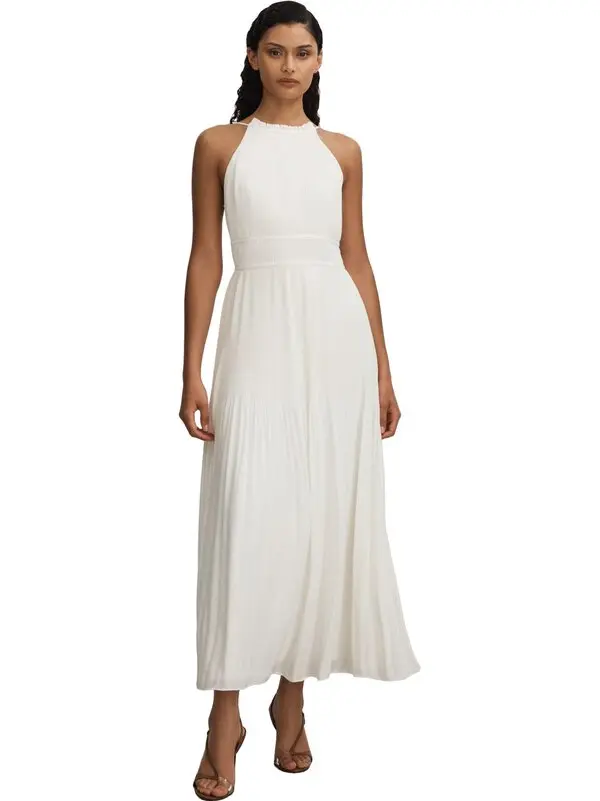 AMUR Plisse Halter Neck Maxi Dress - Ivory