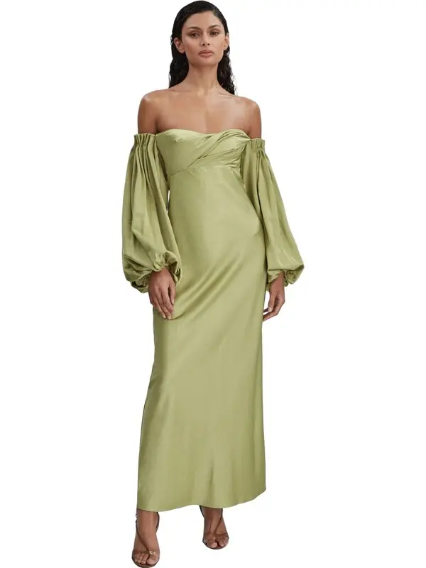 Significant Other Satin Off-the-shoulder Maxi Dress - Sage