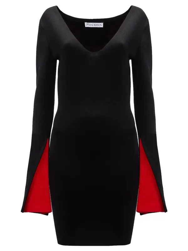 JW Anderson Contrast-cuff V-neck Dress - Black