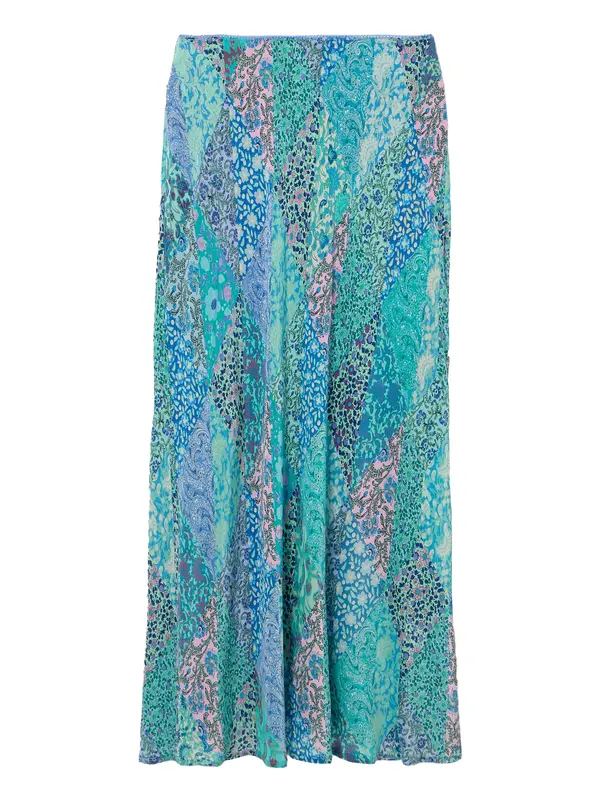 Rixo Ardith Patchwork Floral-print Silk Crepe De Chine Midi Skirt - Blue