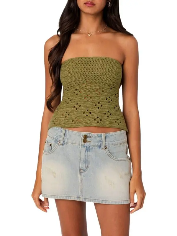 EDIKTED Niki Openwork Strapless Top - Olive
