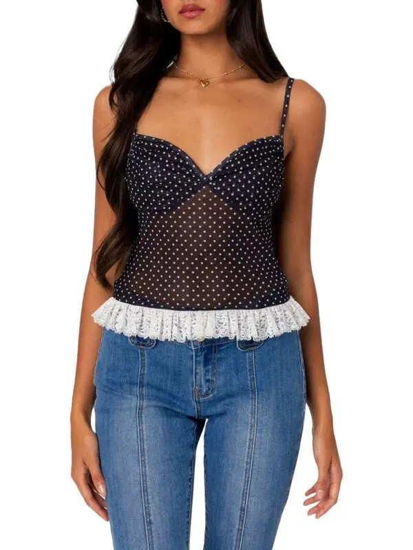 EDIKTED Polka Dot Mesh Camisole - Black