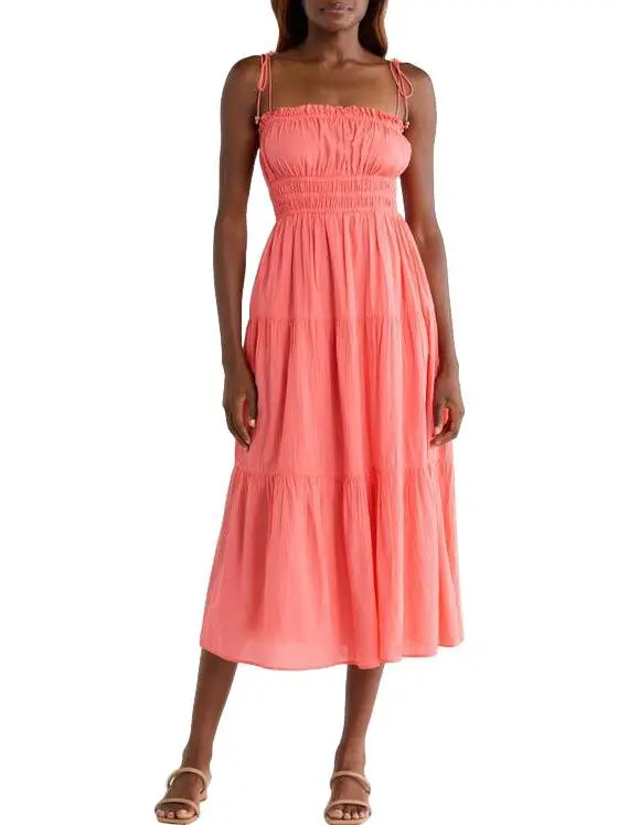 Elan Smocked Midi Dress - Coral
