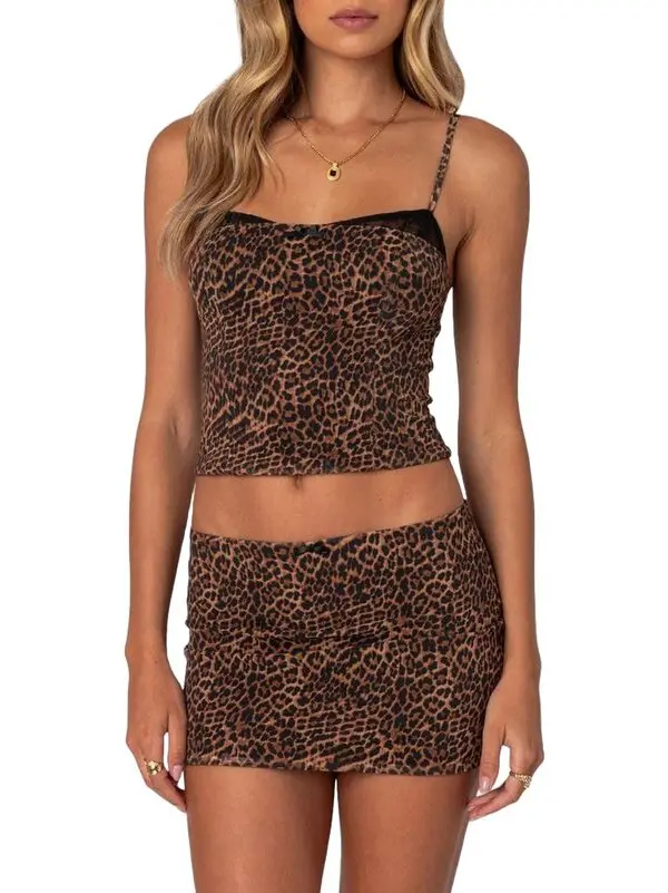 EDIKTED Leopard Print Mesh Camisole - Brown