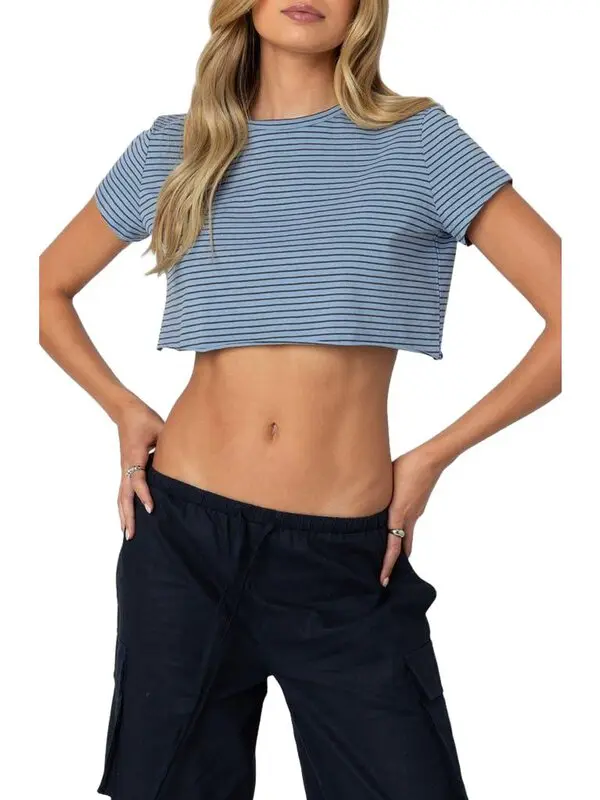EDIKTED Stripey Crop T-shirt - Blue