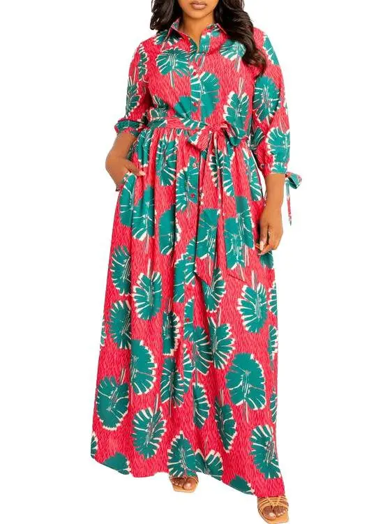 BUXOM COUTURE Mixed Print Maxi Shirt Dress - Pink Multi