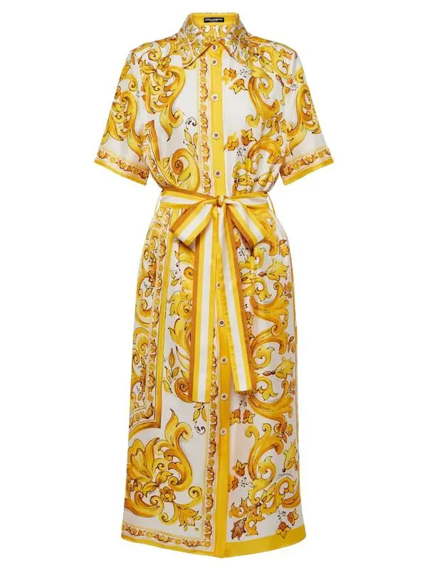 Dolce & Gabbana Majolica Printed Silk Shirt Dress - Yellow