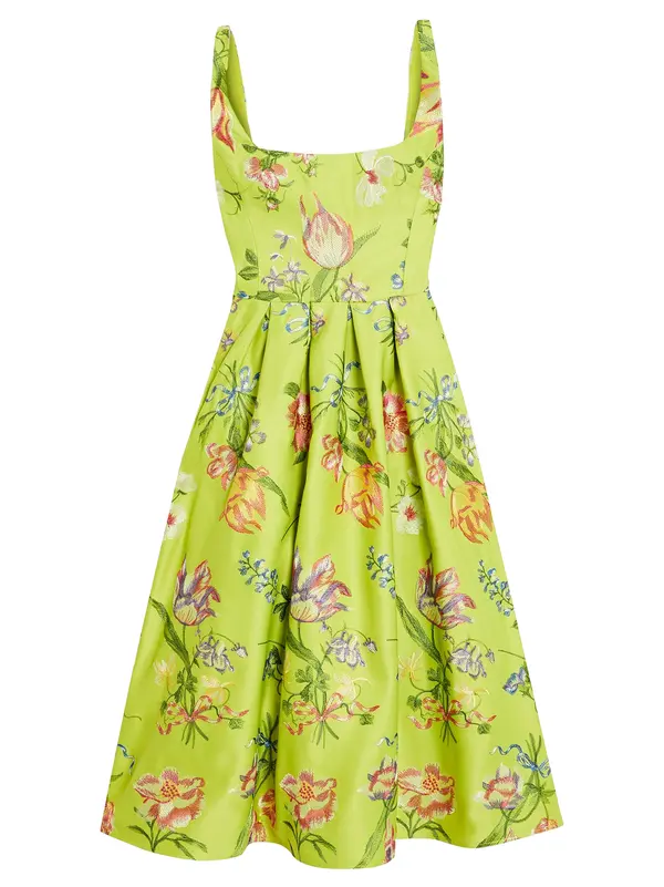 Marchesa Embroidered Duchess-satin Midi Dress - Lime Green