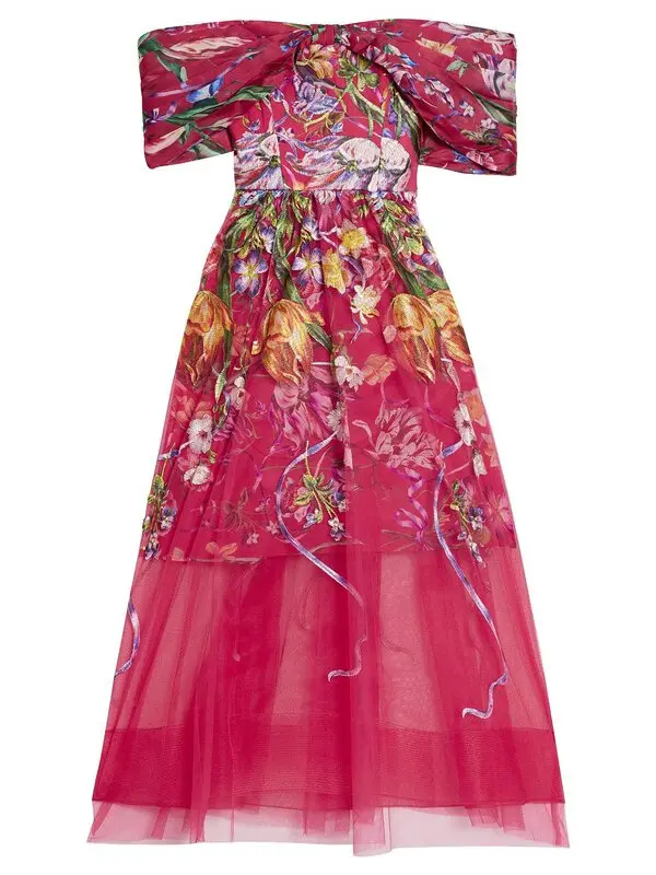 Marchesa Off-the-shoulder Embroidered Dress - Fuchsia