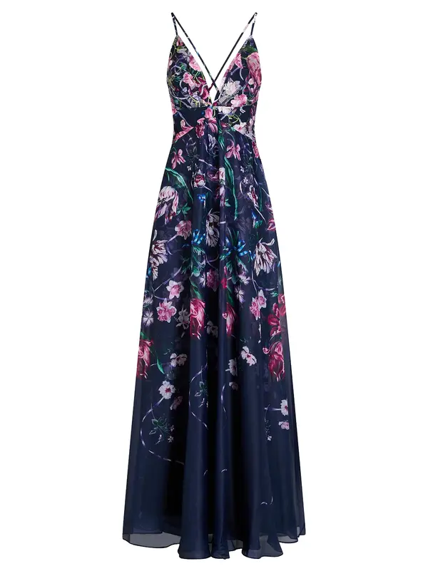 Marchesa Embroidered Tulle And Charmeuse Gown - Navy