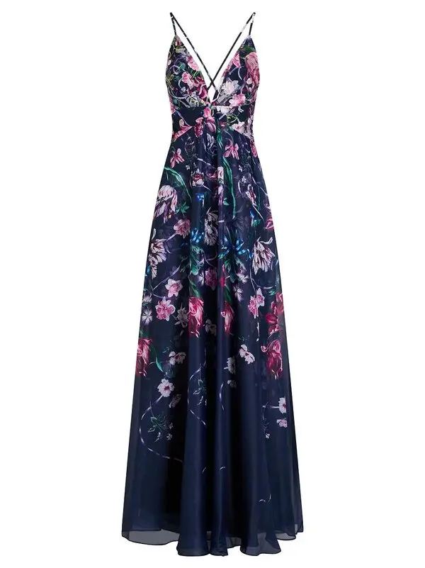 Marchesa Embroidered Tulle And Charmeuse Gown - Navy