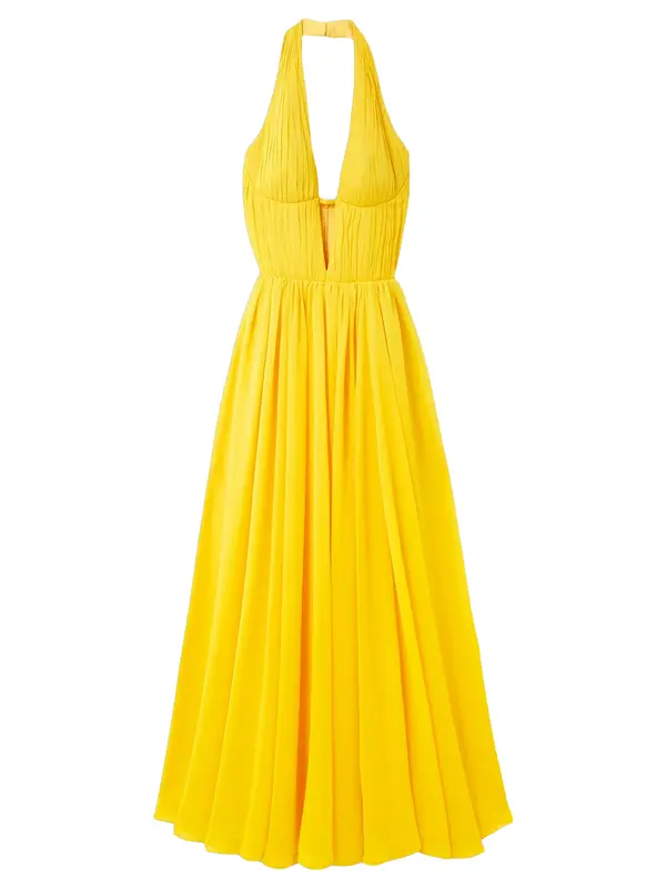 RASARIO Pleated Chiffon Halterneck Gown - Yellow
