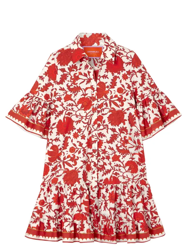La DoubleJ Printed Cotton-twill Mini Dress With Ruffle Detail - Red