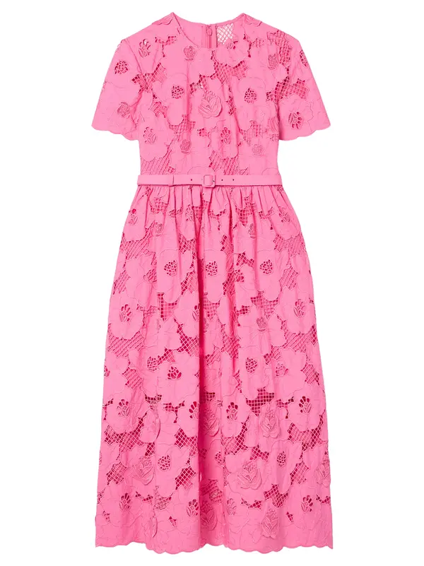 SELF-PORTRAIT Belted Cotton-blend Guipure Lace Midi Dress - Pink