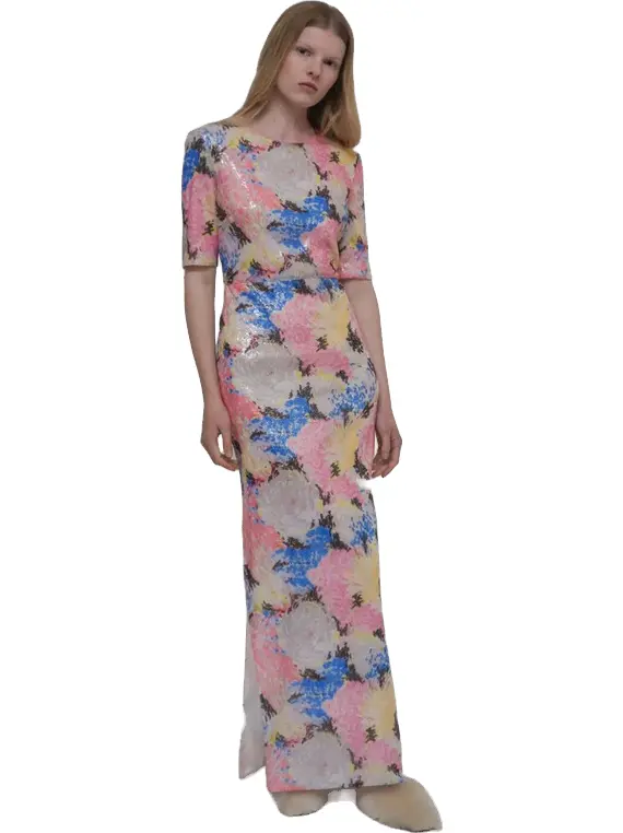 Rosetta Getty Painted Floral Sequin T-shirt Gown - Stripe