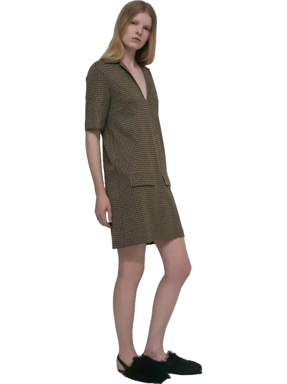 Rosetta Getty Lapel Collar Houndstooth Polo Dress - Stripe