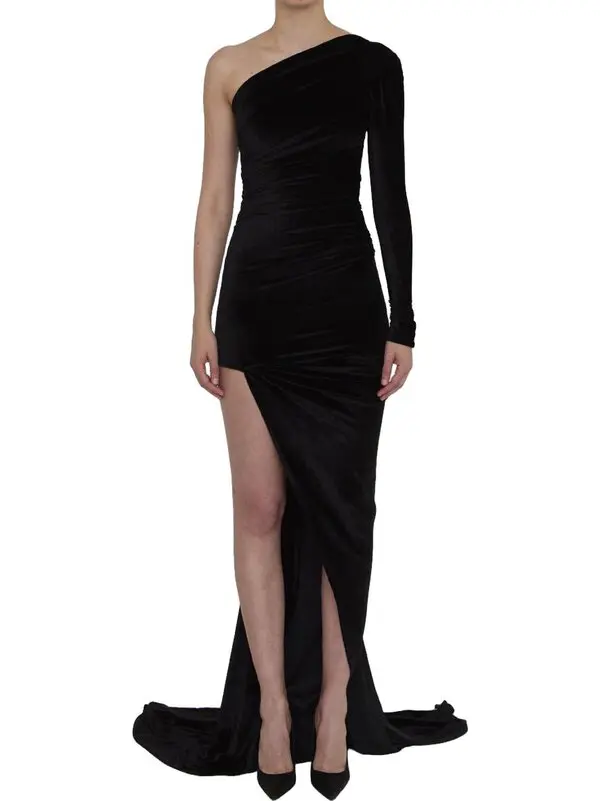 Balenciaga Asymmetric Draped Velvet Jersey Dress - Black