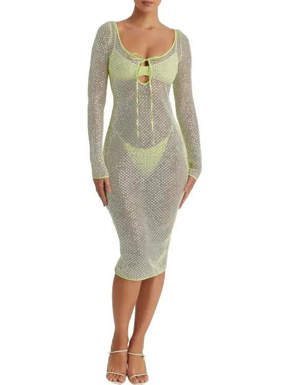 MISTRESS ROCKS Long Sleeve Sequin Mesh Midi Dress - Lime
