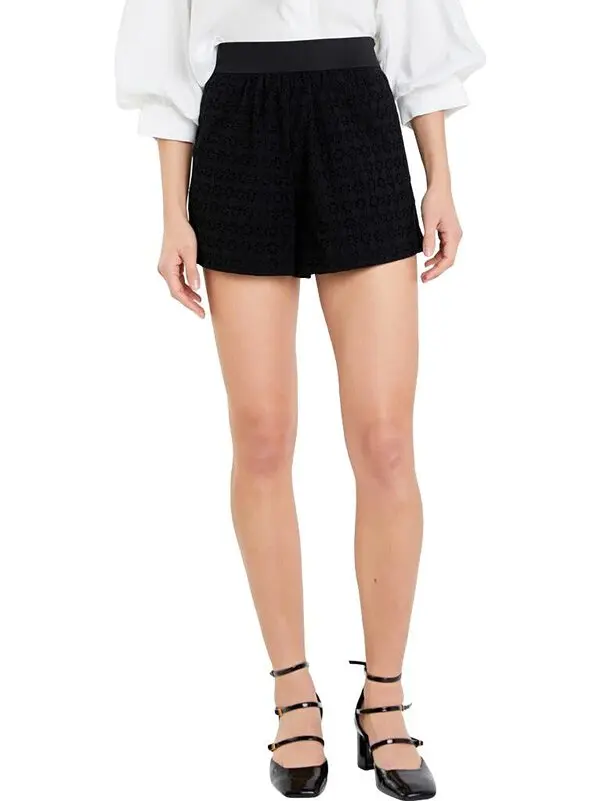English Factory Floral Embroidered Cotton Shorts - Black