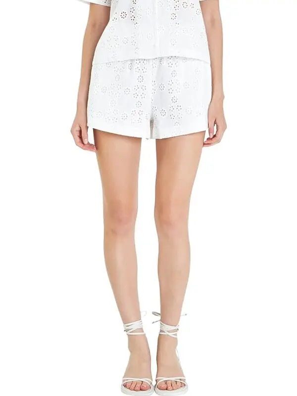 English Factory Floral Embroidered Cotton Shorts - White
