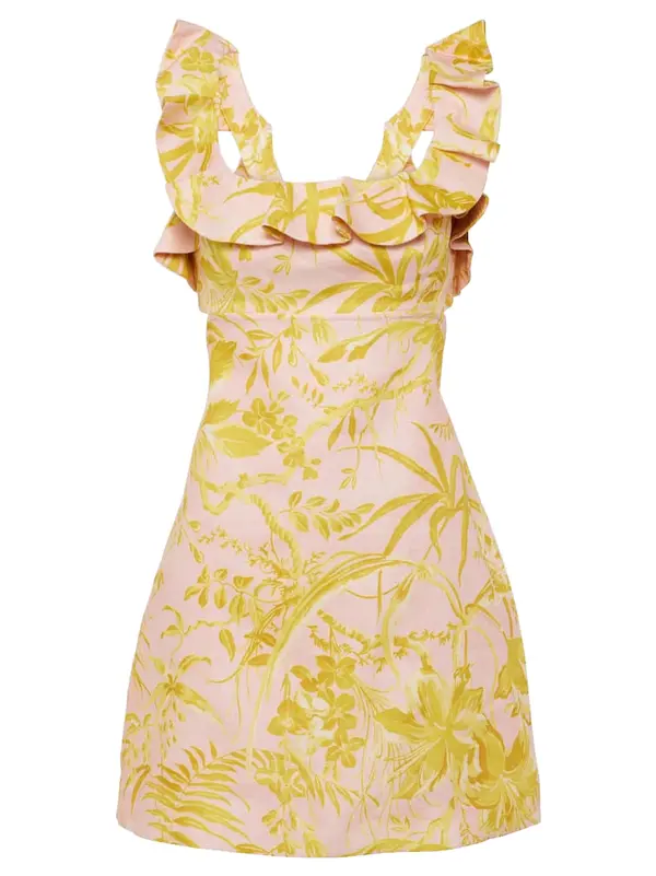 Zimmermann Golden Ruffle Floral Linen Minidress - Pink