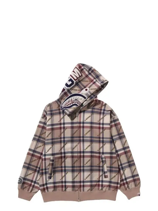 A BATHING APE Logo Check Pattern Shark Full Zip Hoodie - Beige