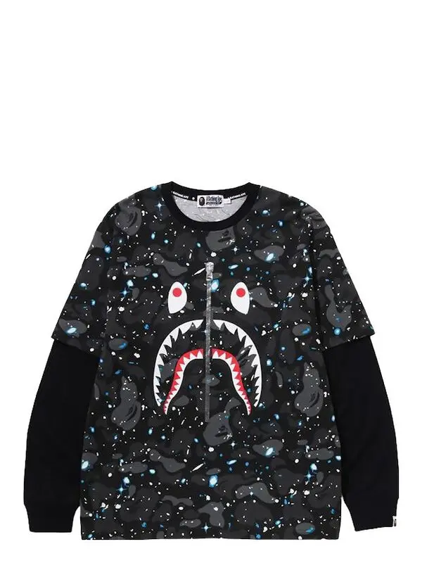 A BATHING APE Space Camo Shark Layered Long Sleeve Tee Shirt - Black