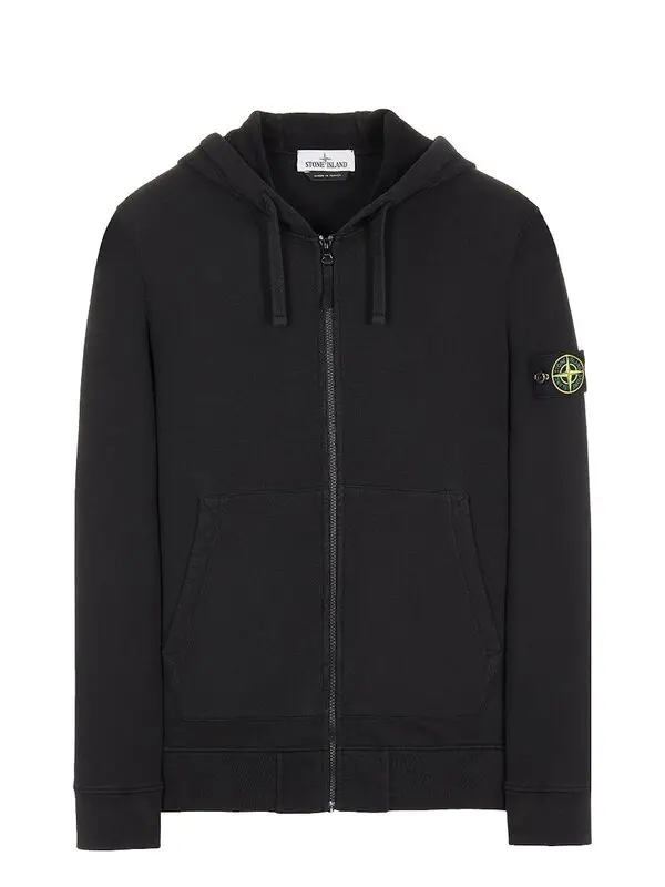 Stone Island 64220 Brushed Cotton Fleece Zip Up Hooded Sweatshirt - Black