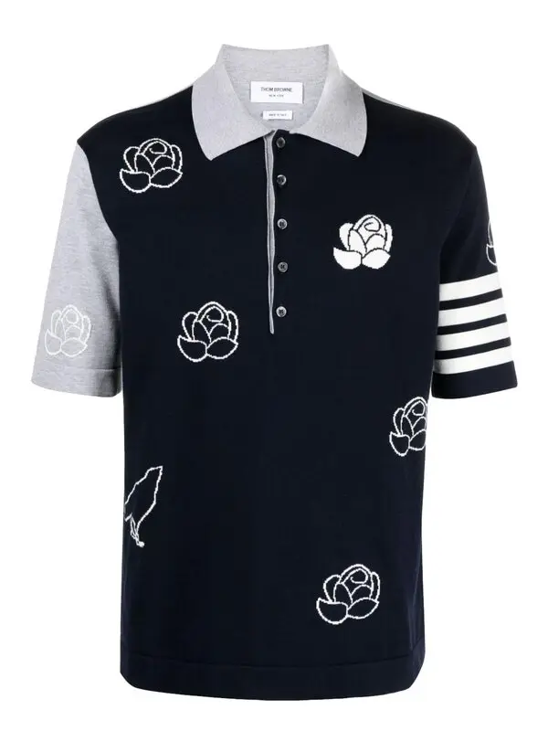 Thom Browne Floral Intarsia-knit Cotton Polo Shirt - Blue