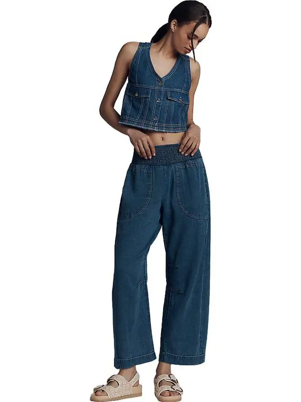 PILCRO Reese Smocked Denim Barrel Pants - Ocean Blue Wash